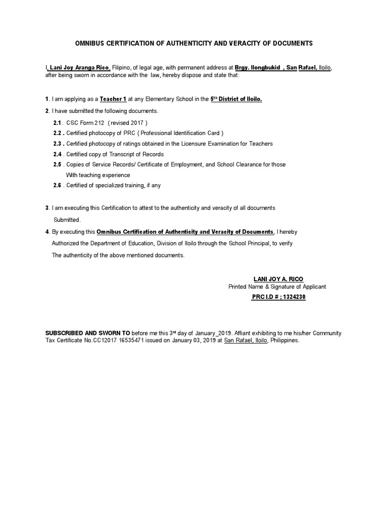 Omnibus Certification of Authenticity and Veracity of Documents | PDF ...