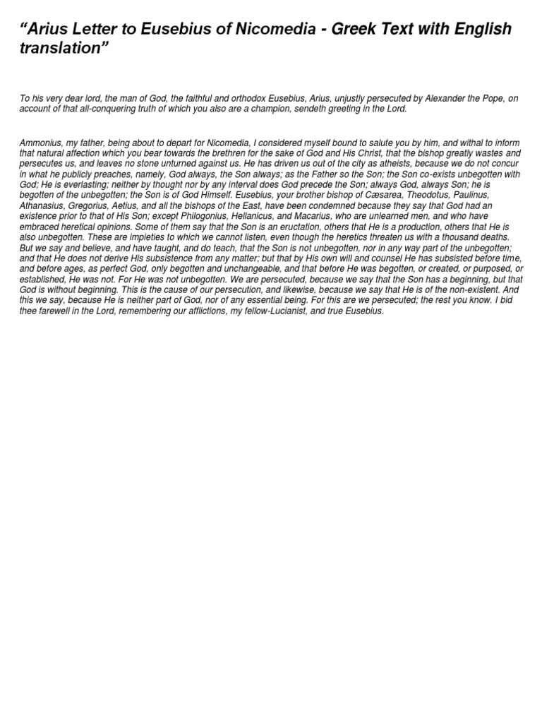 Arius' Letter to Eusebius of Nicomedia | PDF