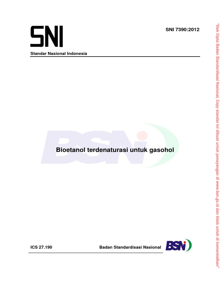 SNI 7390-2012 - Bioetanol Terdenaturasi Untuk Gasohol PDF | PDF