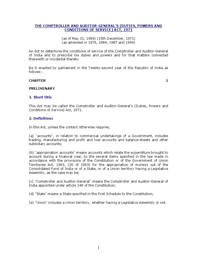 The Comptroller and Auditor-General'S (Duties, Powers and Conditions of ...