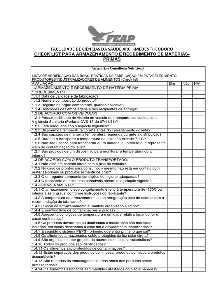Check List Armazenamento de Matérias Primas | PDF | Embalagem e ...