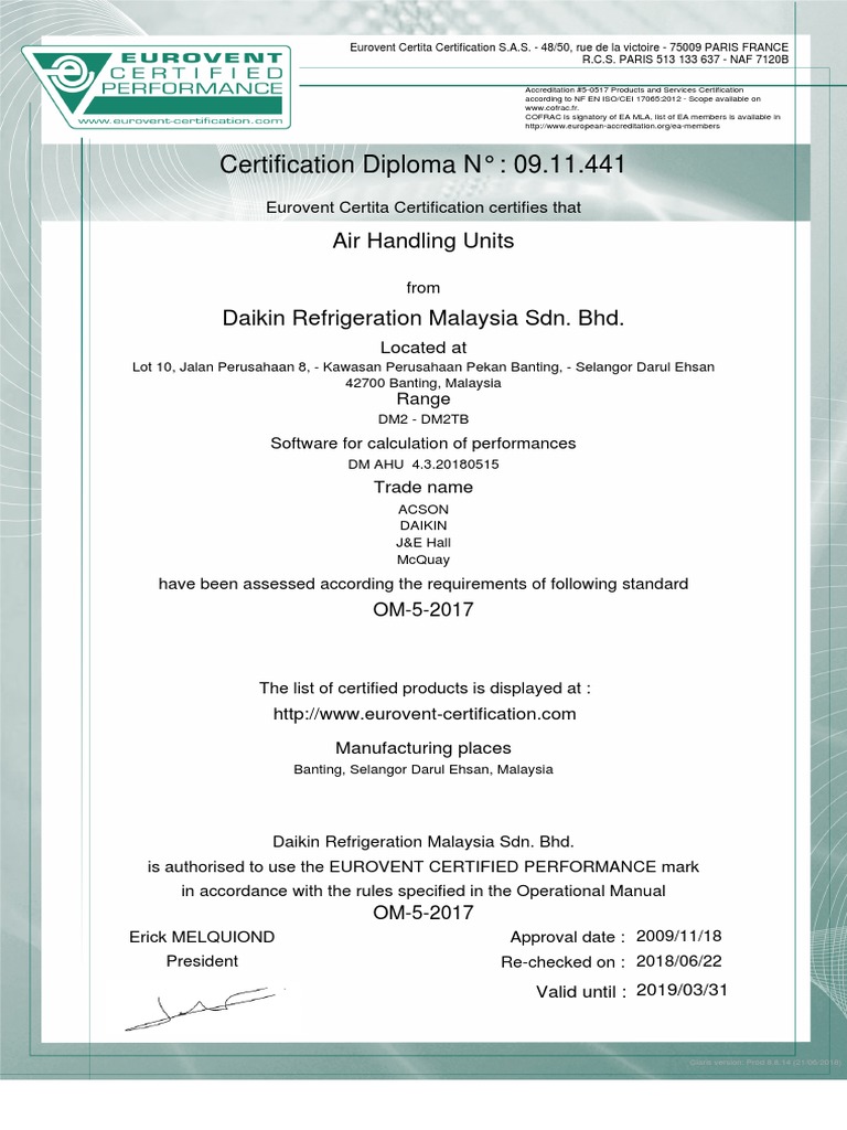 CertificationDiploma (Daikin AHU DM 2 Model) | PDF | Evaluation | Business