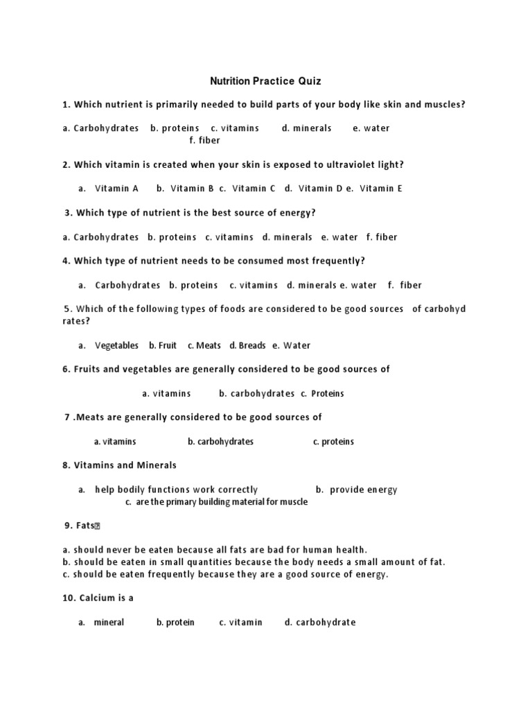 Nutrition Practice Quiz | PDF
