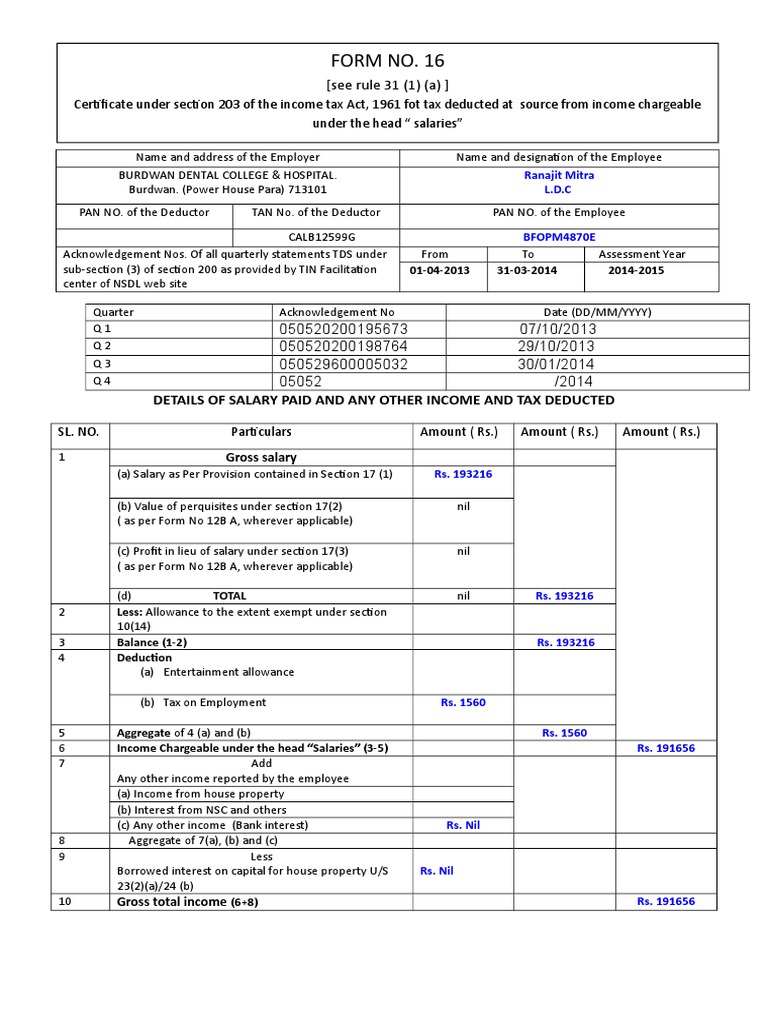 Form No. 16: (See Rule 31 (1) (A) ) | PDF | Loans | Interest