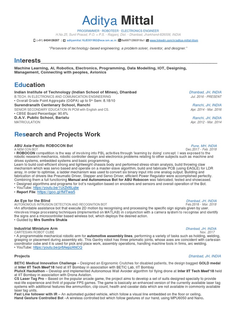 Aditya Mittal CV | PDF | Machine Learning | Programmable Logic Controller