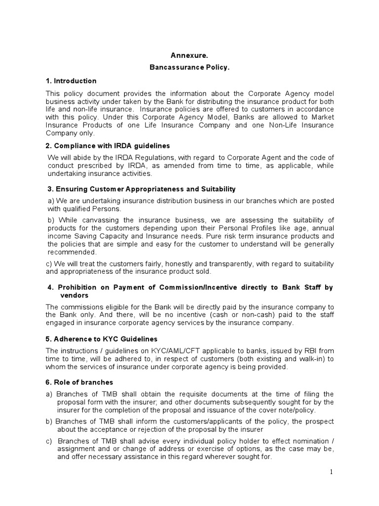 Guidelines for Bancassurance Policy on Distributing Insurance Products ...