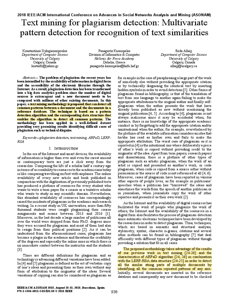 2018 Text Mining For Plagiarism Detection Multivariate Pattern Detection For Recognition Of
