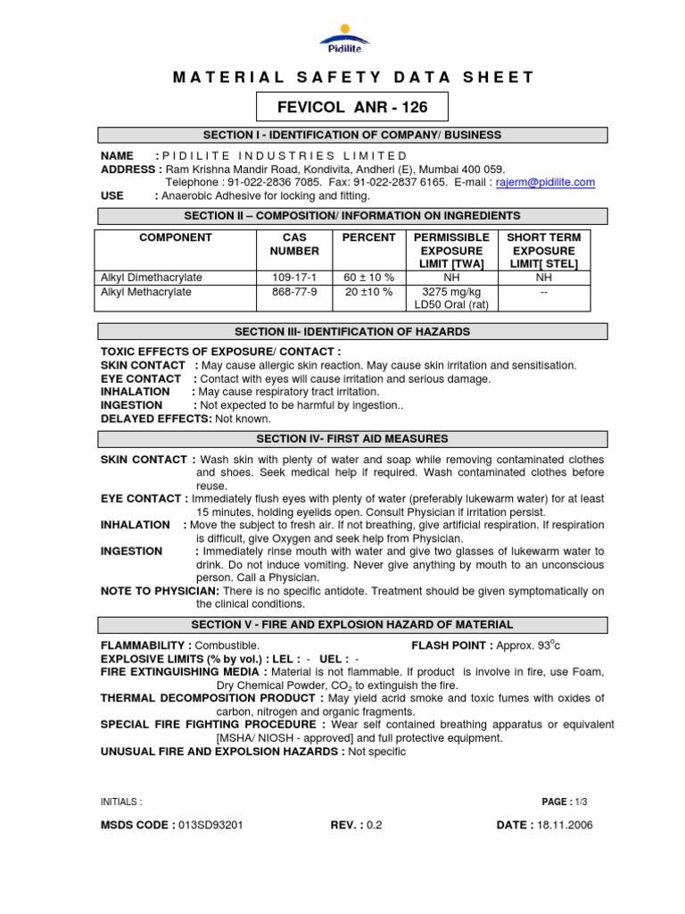 msda for fevicol | Personal Protective Equipment | Fires | Free 30-day ...