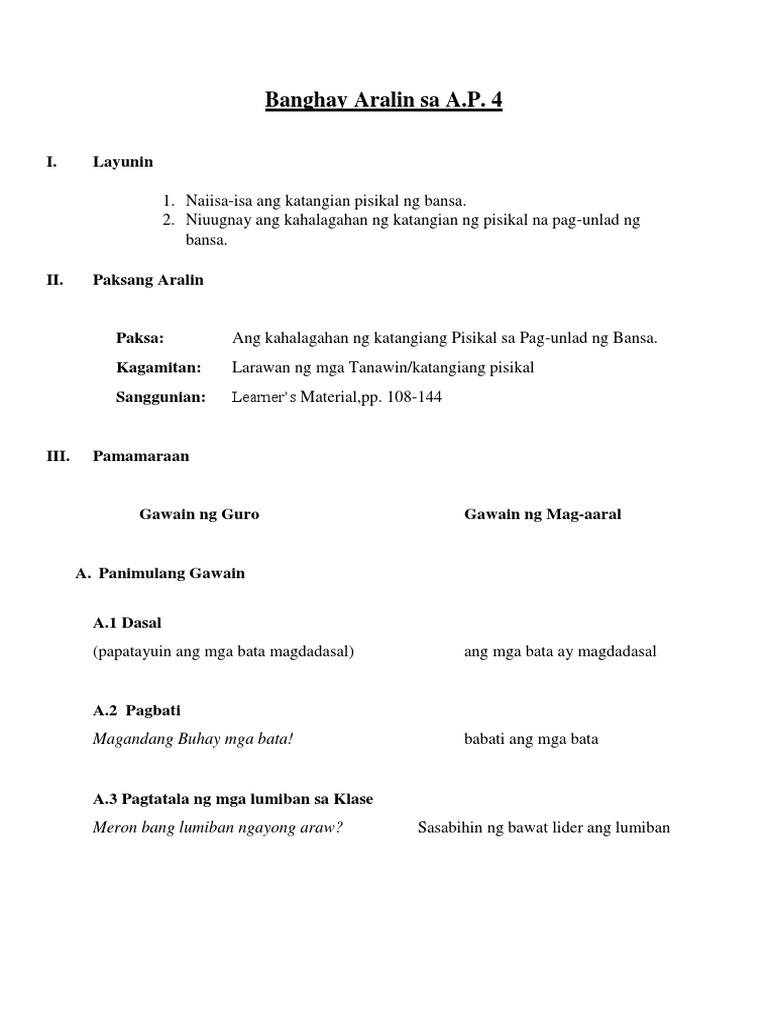 Banghay Aralin Sa AP 4 | PDF