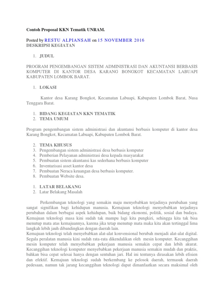 Contoh Proposal KKN Tematik UNRAM | PDF