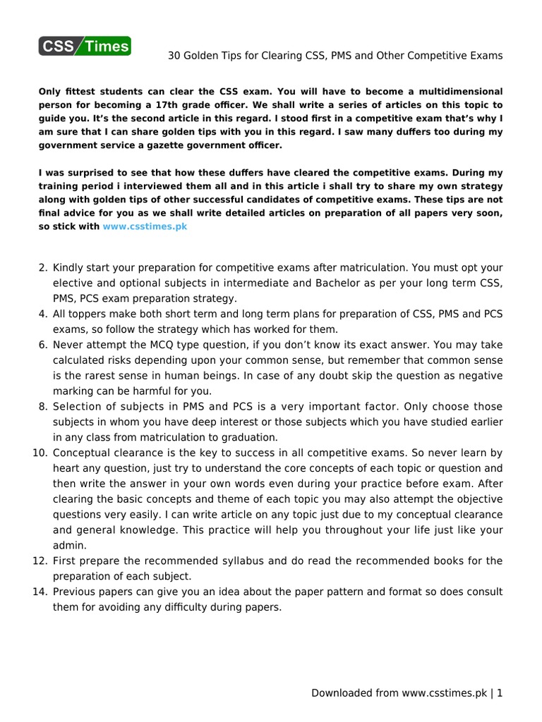 30 Golden Tips For Clearing CSS, PMS and Other Competitive Exams | PDF ...
