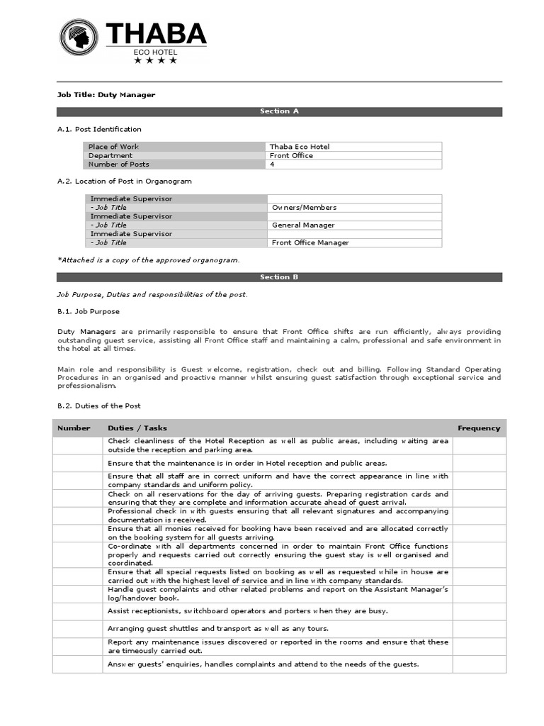 Hotel Duty Manager Job Description | PDF | Employment | Leadership
