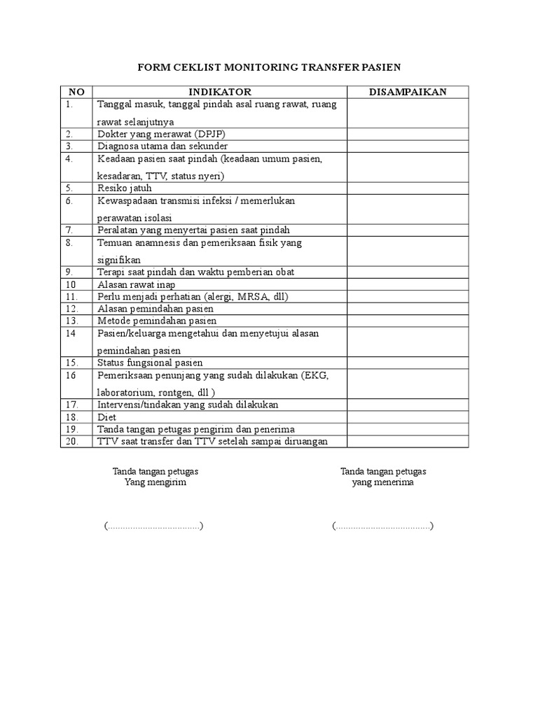 Form Ceklist Monitoring Transfer Pasien | PDF