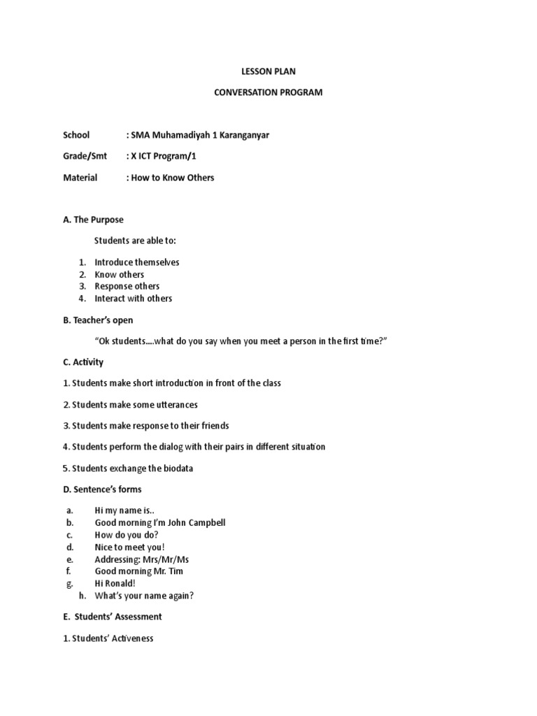Lesson Plan 1 Conversation | PDF | Educational Technology | Lesson Plan