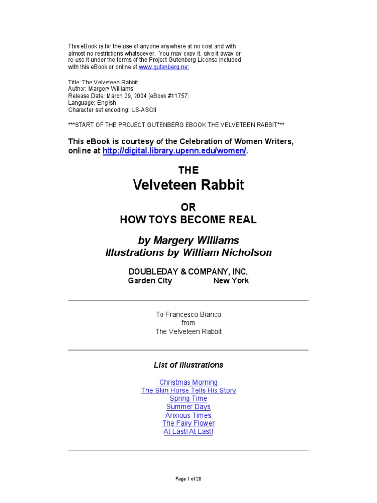 Velveteen Rabbit: by Margery Williams Illustrations by William ...
