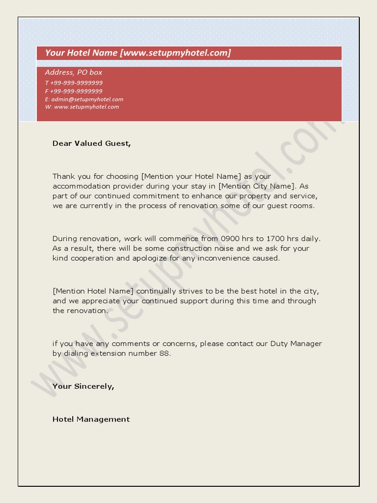Welcome Letter During Hotel Renovation | PDF