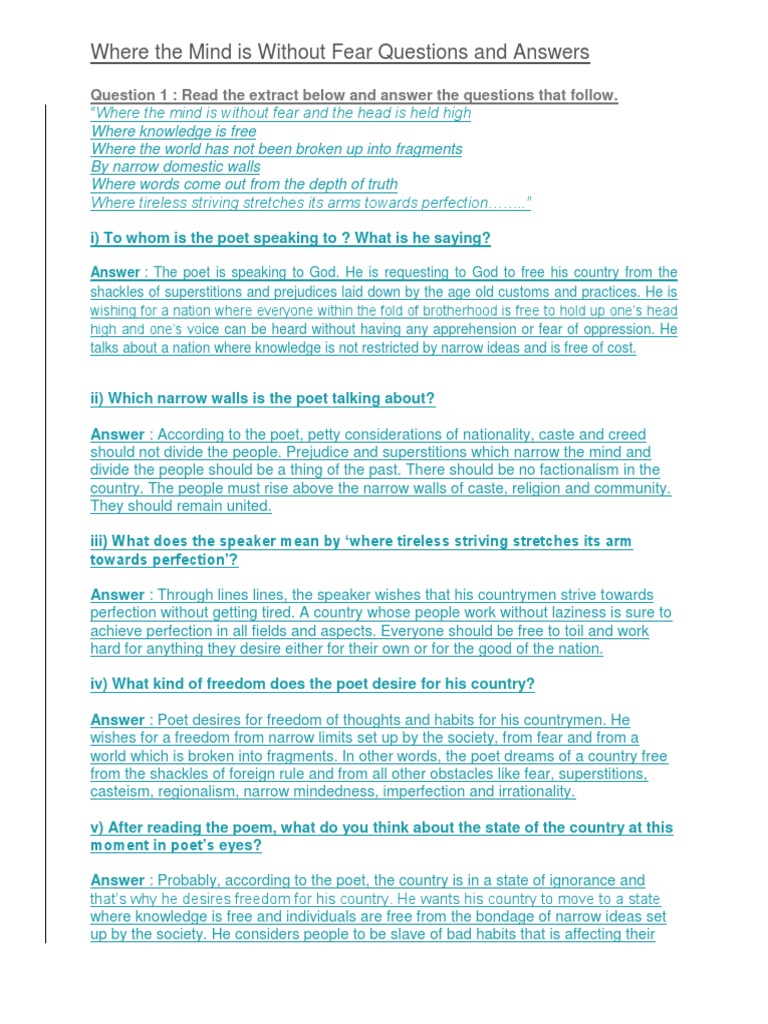 Where The Mind Is Without Fear Questions and Answers | PDF