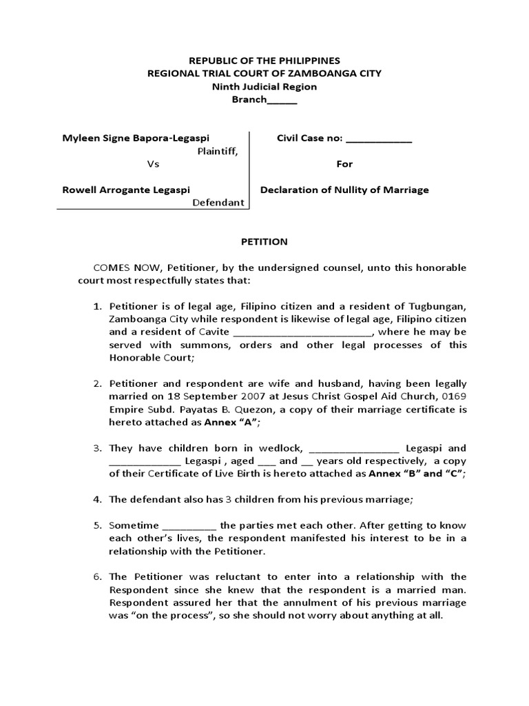 Declaration of Nullity of Marriage | PDF | Affidavit | Annulment
