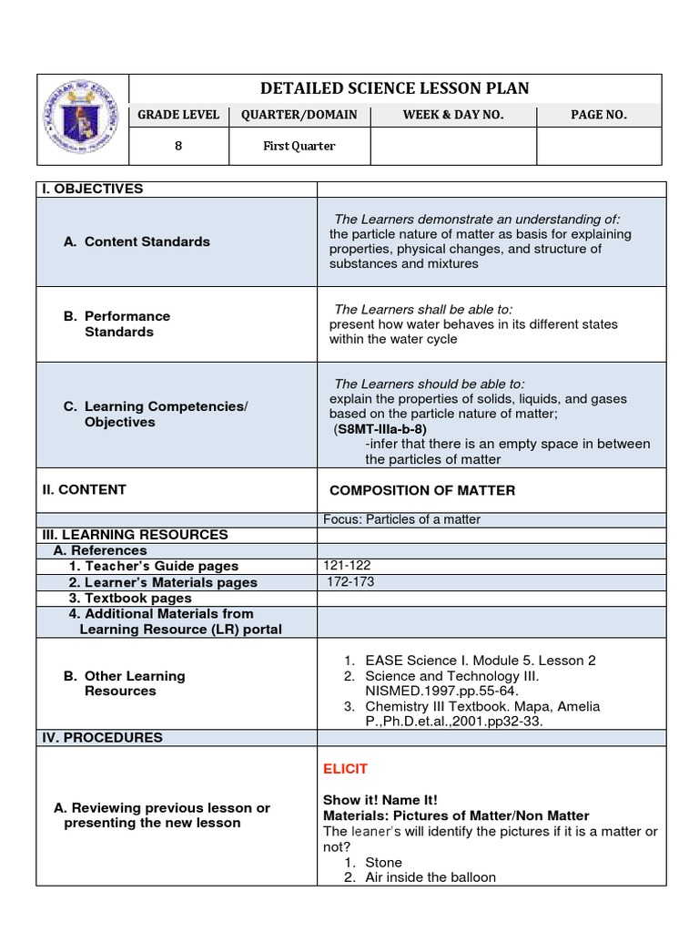 Detailed Science Lesson Plan: Grade Level Quarter/Domain Week & Day No ...