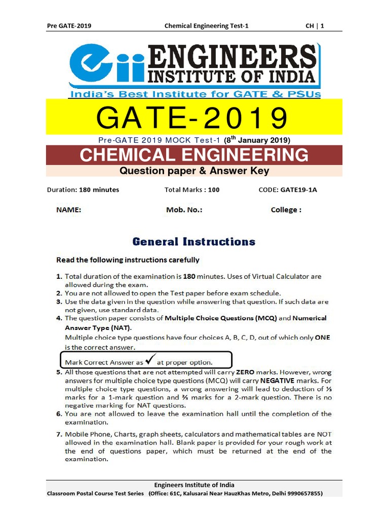 GATE 2019 Pre GATE Offline Paper 1 Chemical Engineering | PDF ...