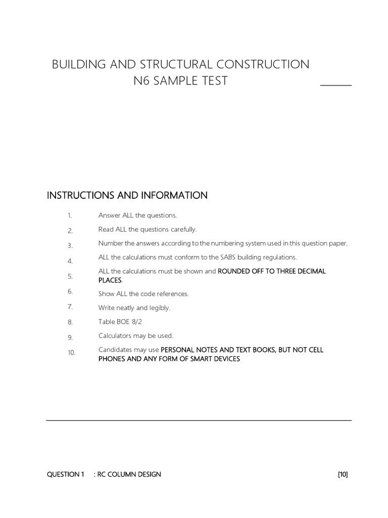 Building & Structural Construction n6 Sample Test | PDF | Concrete ...