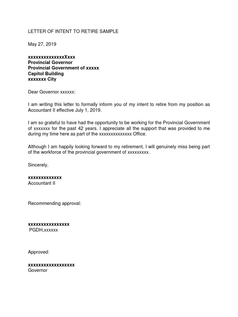 Sample Retirement Intent Letter | PDF | Finance & Money Management