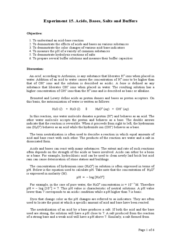 Experiment 15. Acids, Bases, Salts and Buffers: Objective: 1. To ...
