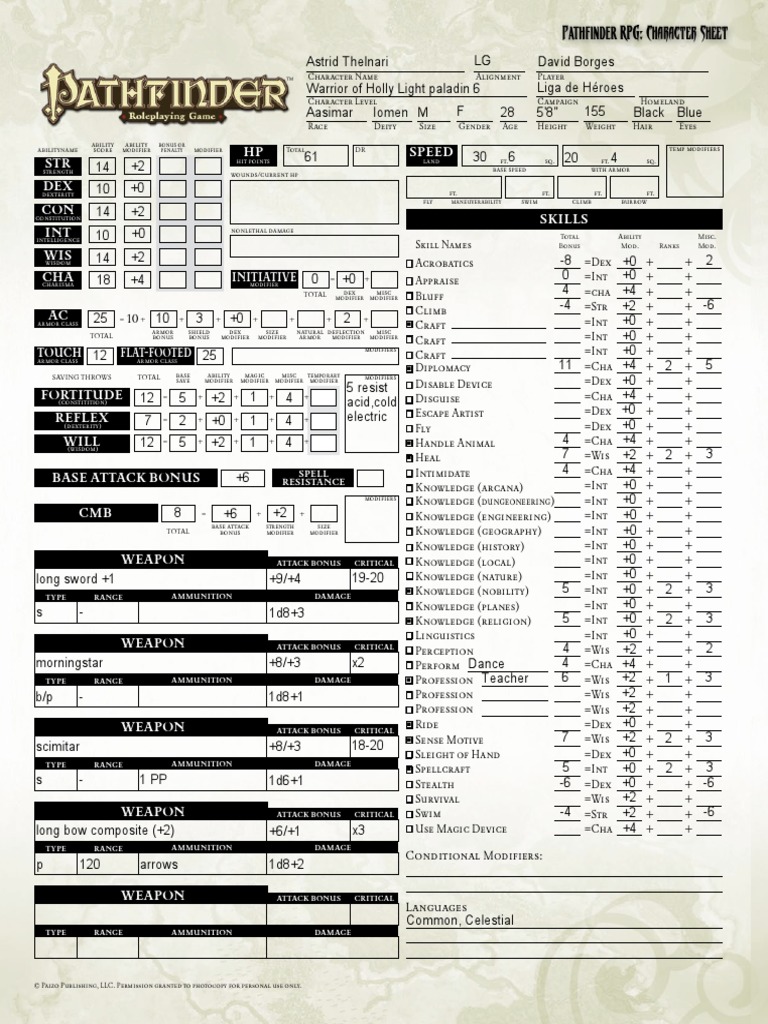 STR DEX CON INT WIS CHA HP Speed: Pathfinder RPG: Character Sheet | PDF ...