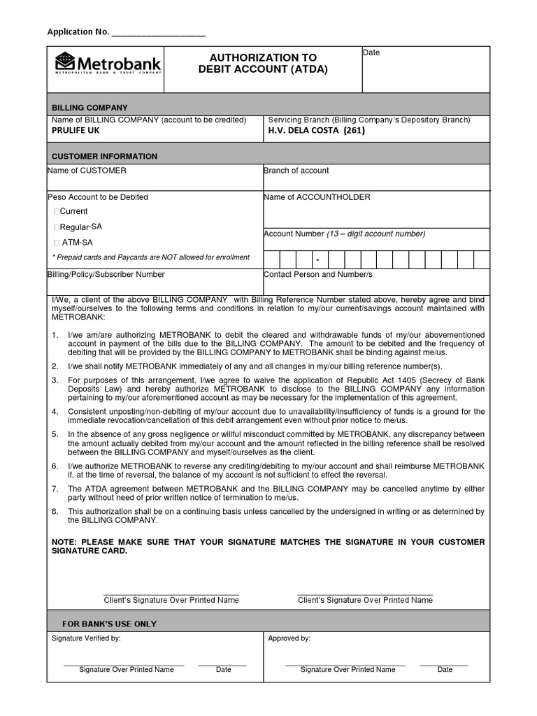 Authorization to Debit Account Form for Automatic Payment of Bills from ...