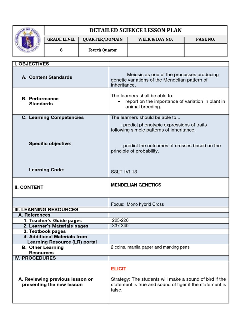 Detailed Science Lesson Plan: Grade Level Quarter/Domain Week & Day No ...