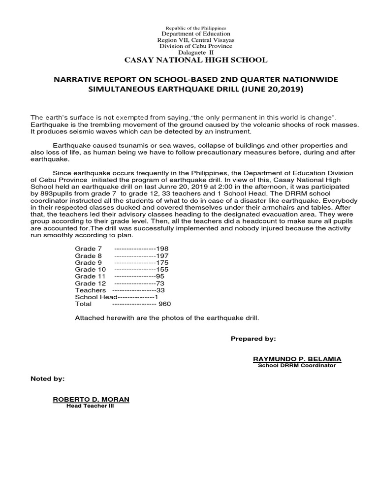 Casay High School Earthquake Drill Report | PDF | Emergency Evacuation ...
