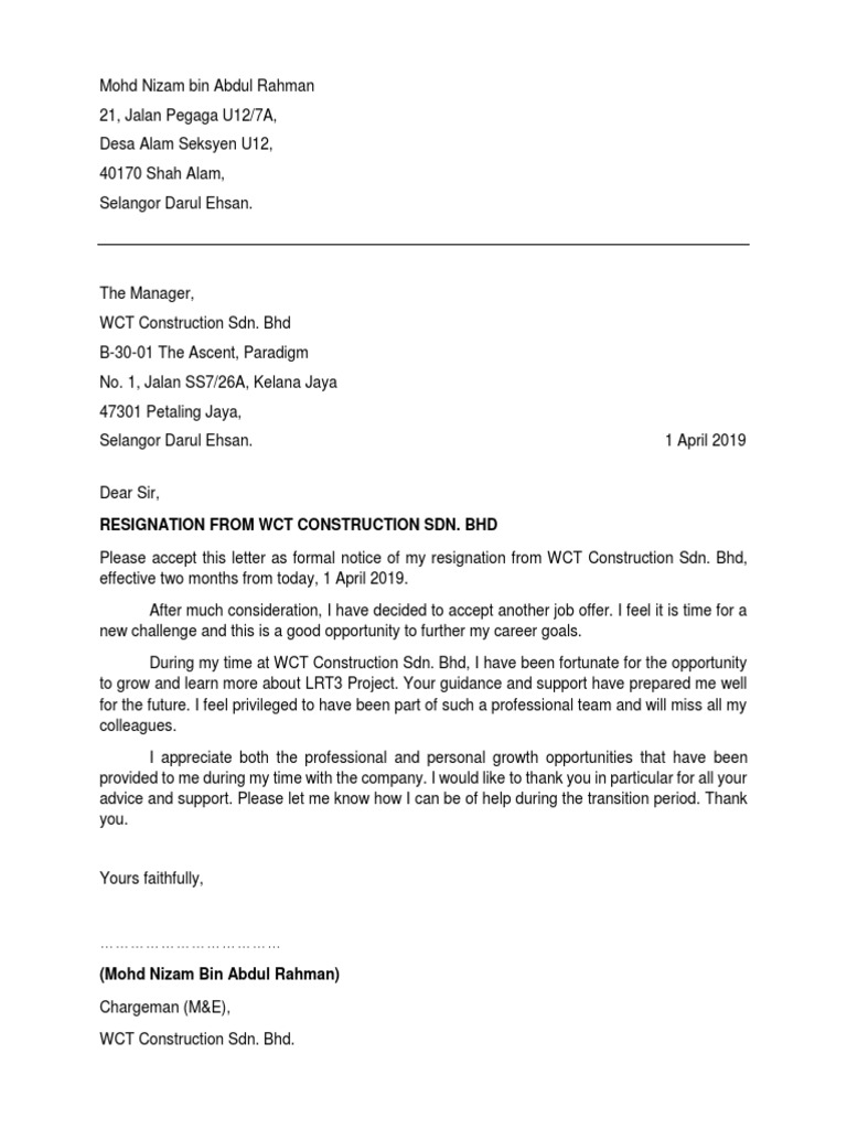 Resignation Letter from WCT Construction | PDF