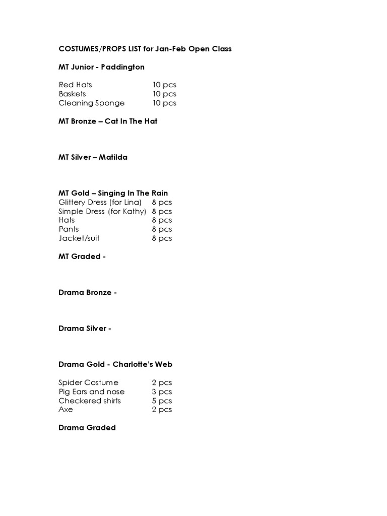 Costume & Props List for Jan-Feb Classes | PDF