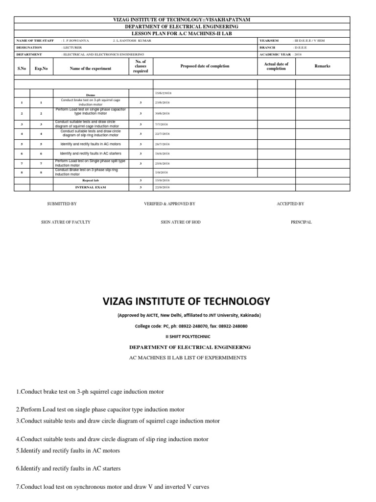 Vizag Institute of Technology::Visakhapatnam Department of Electrical Engineering Lesson Plan ...
