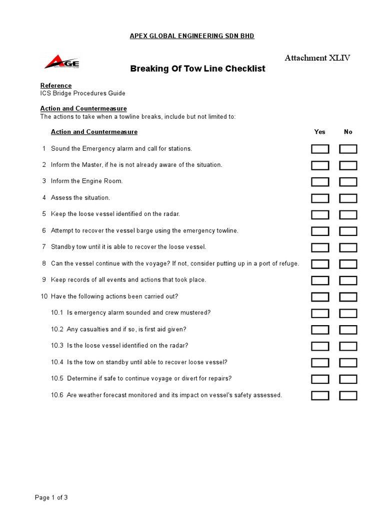 Breaking of Tow Line Checklist - Attachment XLIV | PDF | Watercraft ...
