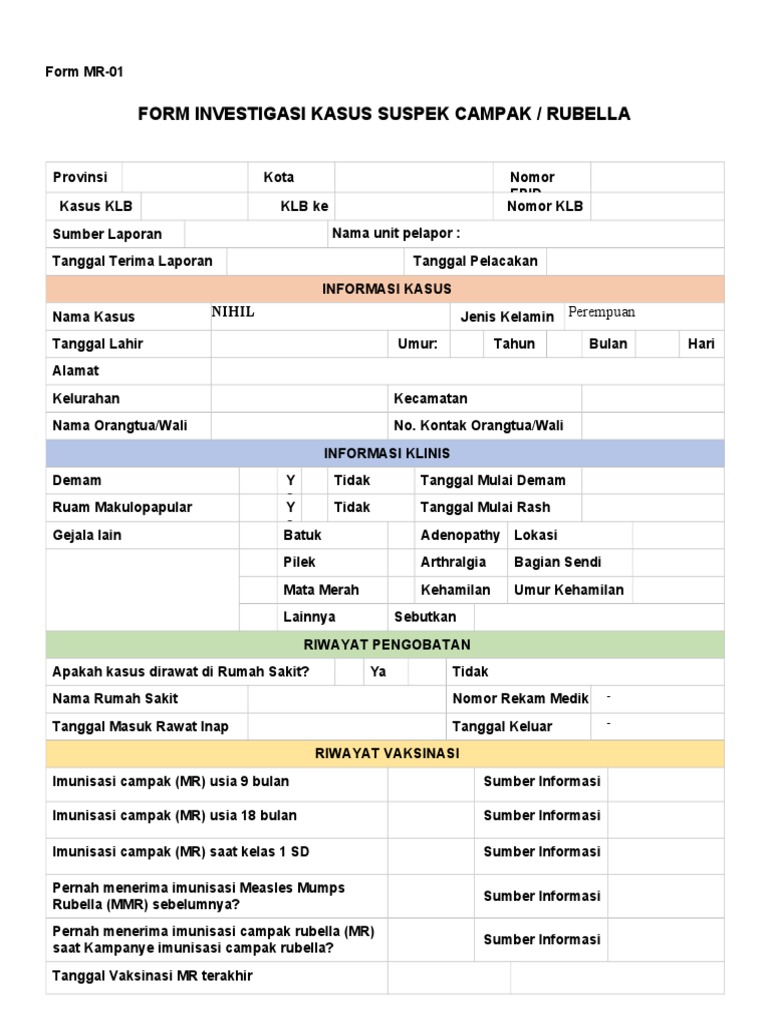 MR01 Form Investigasi Kasus Suspek Campak Rubella 2019 | PDF