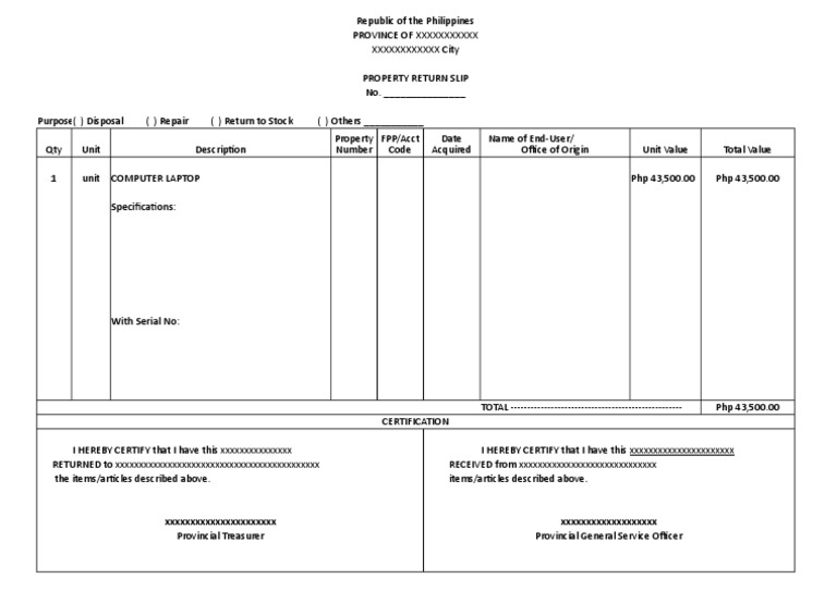 Property Return Slip to General Services