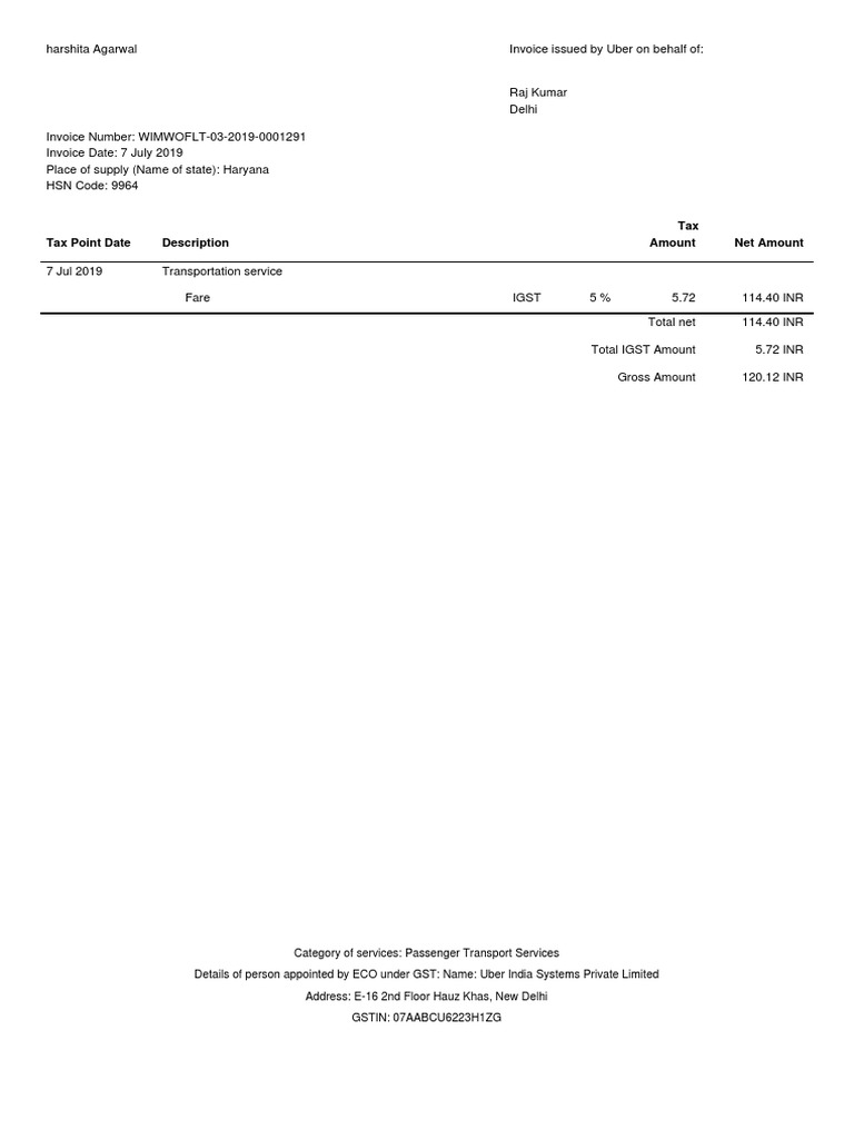 Uber invoice for Raj Kumar Delhi to Haryana | PDF