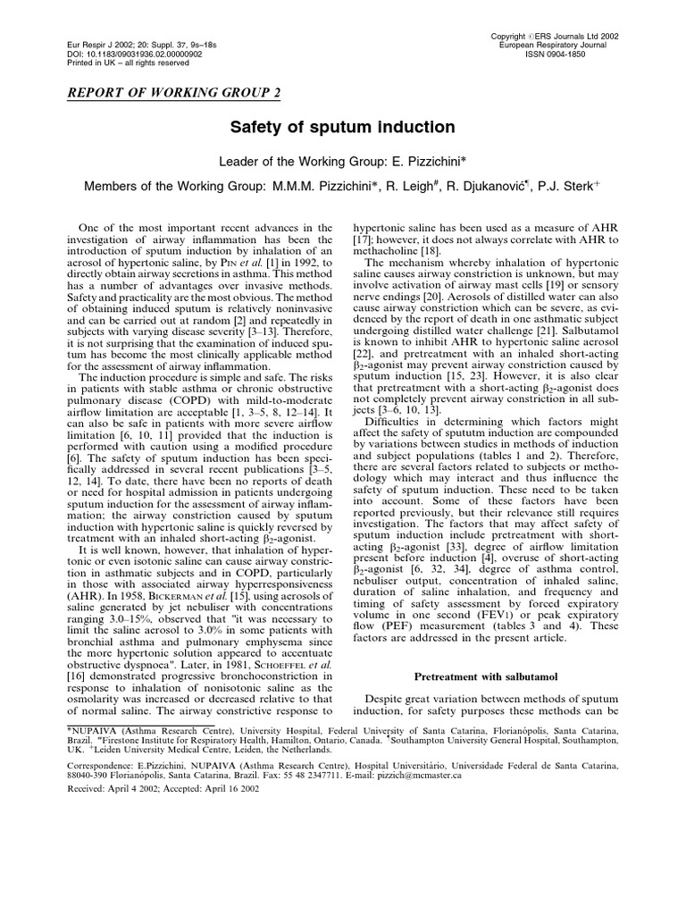Safety of Sputum Induction | PDF | Asthma | Chronic Obstructive ...