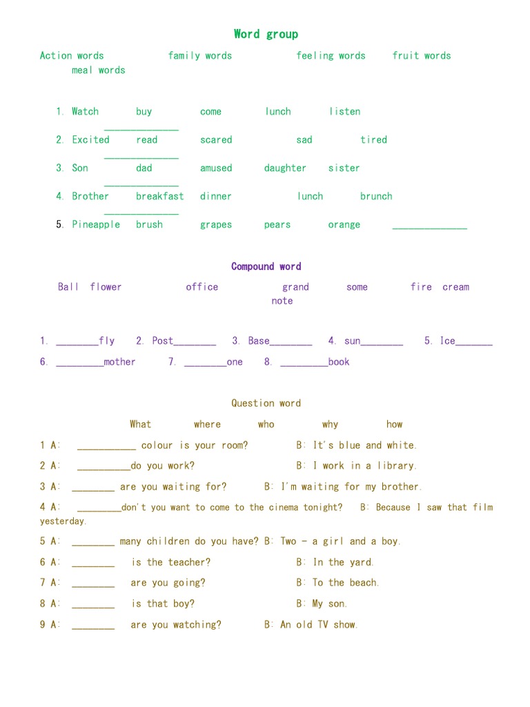 Word Groups and Action Vocabulary Guide | PDF | Lunch