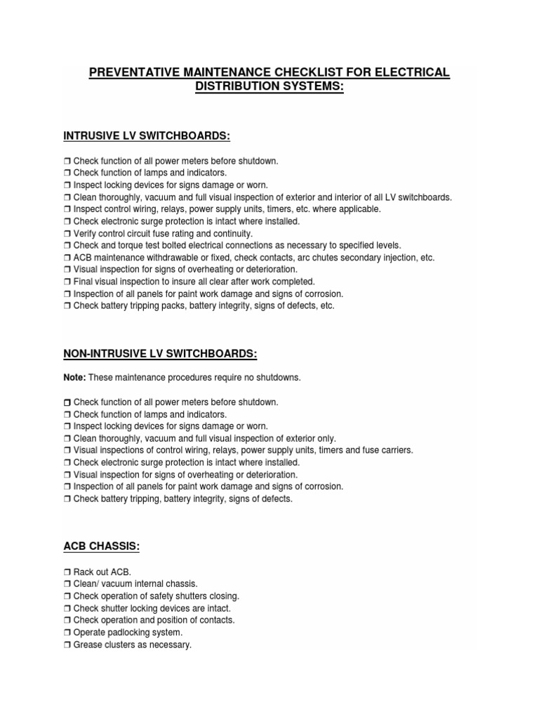 Preventative Maintenance Checklist For Electrical Distribution Systems ...