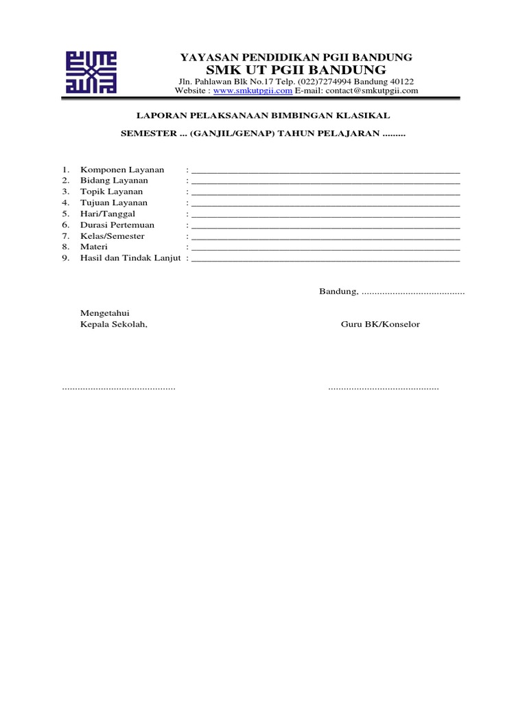 Format Laporan Pelaksanaan Bimbingan Klasikal | PDF