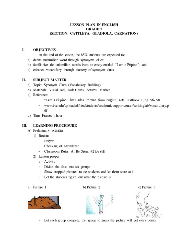 Lesson Plan in English Grade 7 (Section: Cattleya, Gladiola, Carnation ...