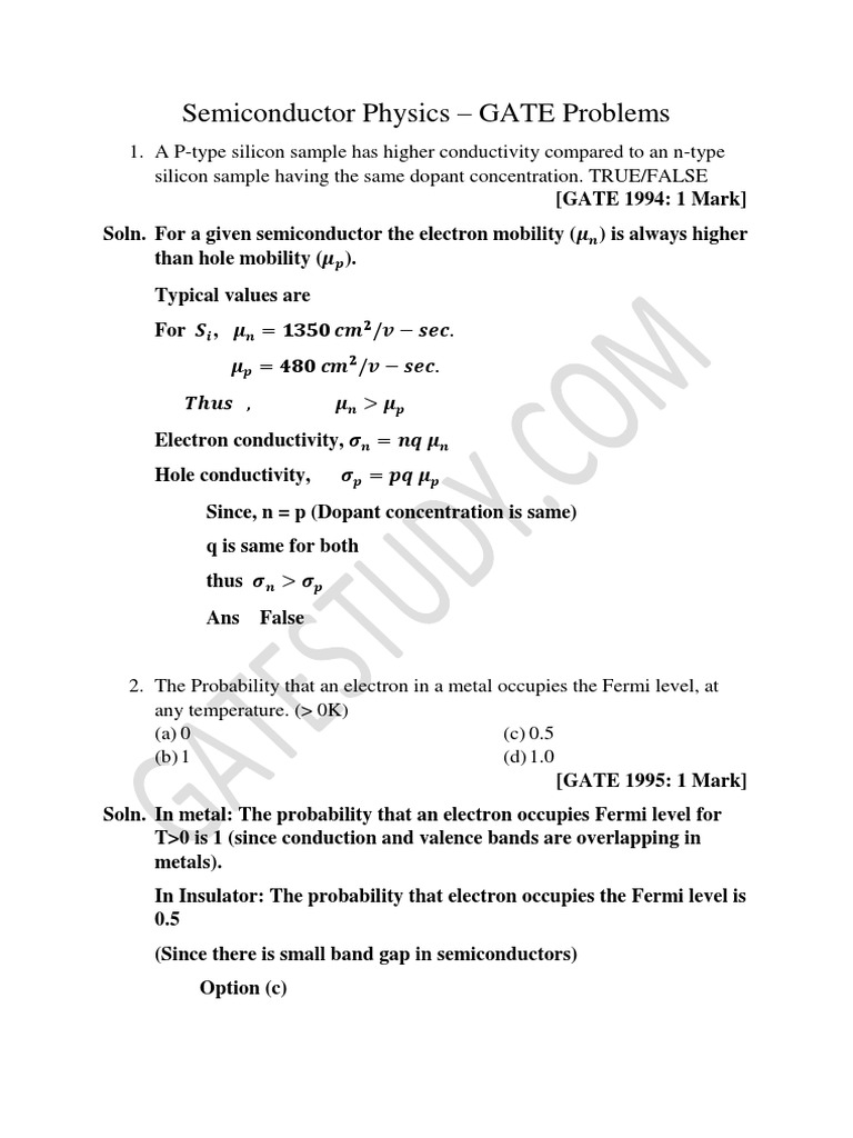 Semicondutcto Physics GATE Problems PDF | PDF | Doping (Semiconductor) | Semiconductors