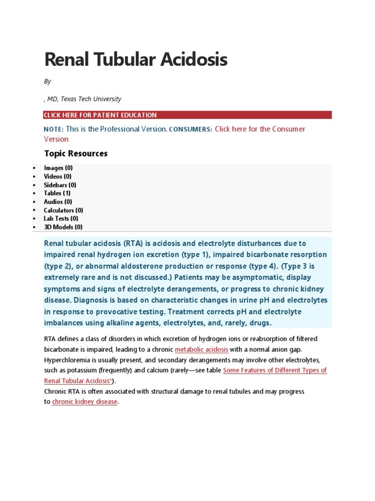 Renal Tubular Acidosis | PDF | Kidney | Potassium