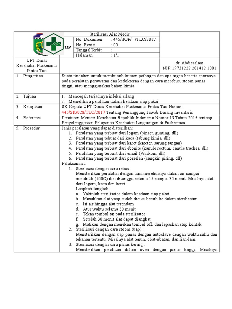 SOP Sterilisasi Alat Medis Fix | PDF