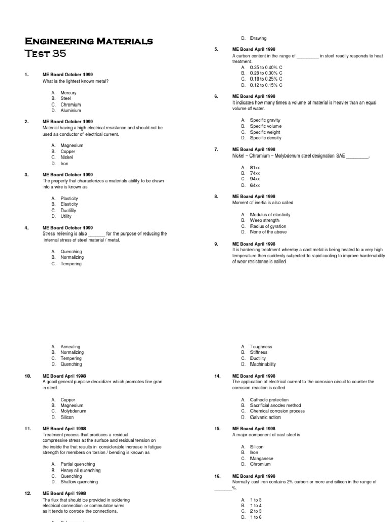 Engineering Materials Test Questions | PDF | Steel | Corrosion