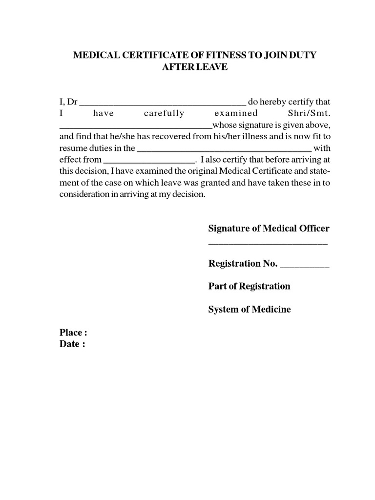 Medical Certificate of Fitness To Join Duty After Leave | PDF