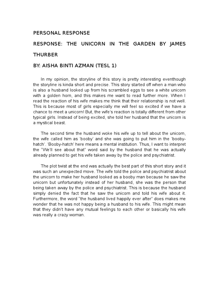 Personal Response Response: The Unicorn in The Garden by James Thurber ...