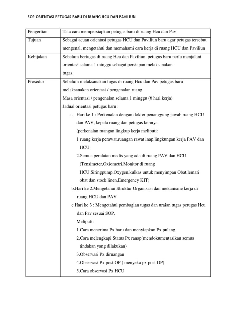 Sop Orientasi Petugas Hcu Dan Pav Baru | PDF | Kesehatan Holistik | Sains & Matematika